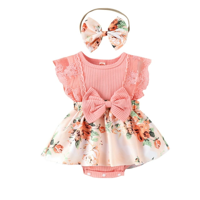 Infant Baby Girl Lace Ruffle Sleeveless Ribbed Romper Floral Dress Jumpsuit with Headband ...