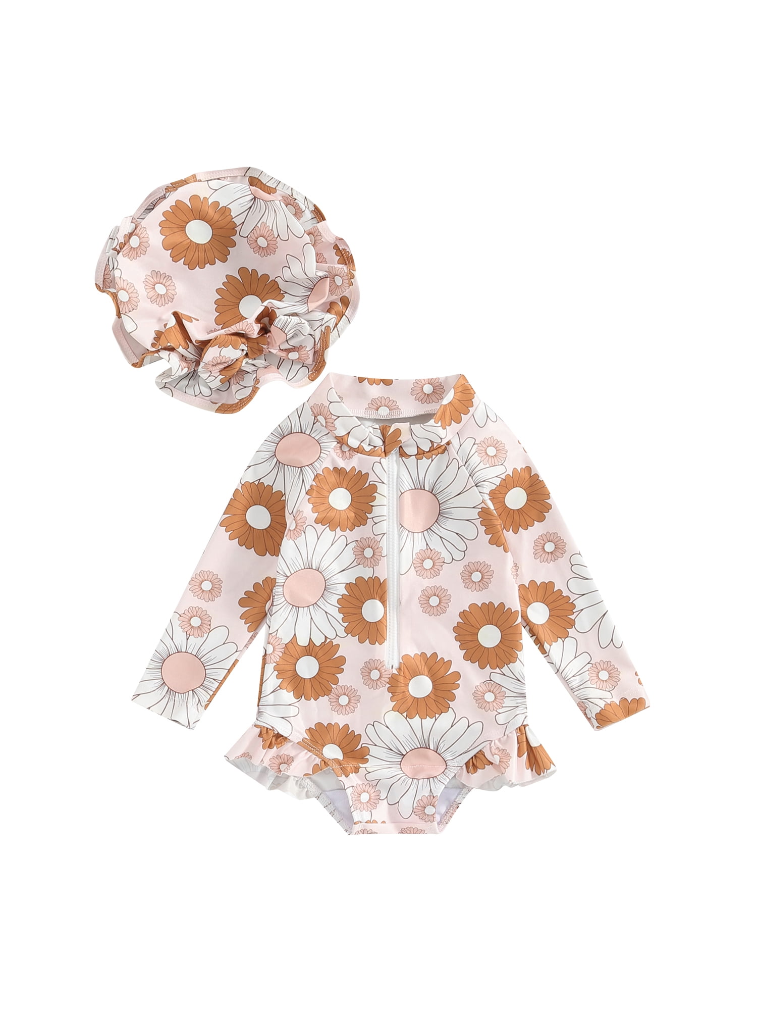 Infant Baby Girl Swimsuit One-Piece Long Sleeve Zip Up Rash Guard with ...