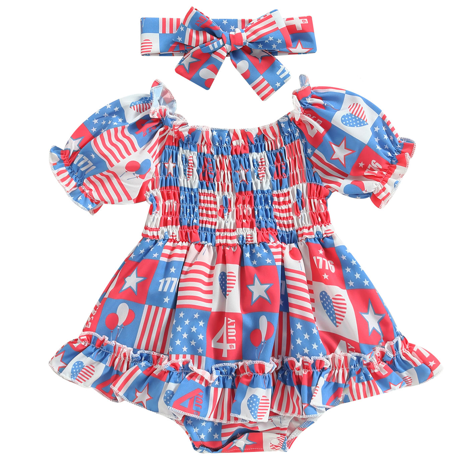 Infant Baby Girls 4th of July Outfits Set Short Sleeve Frill Smocked ...