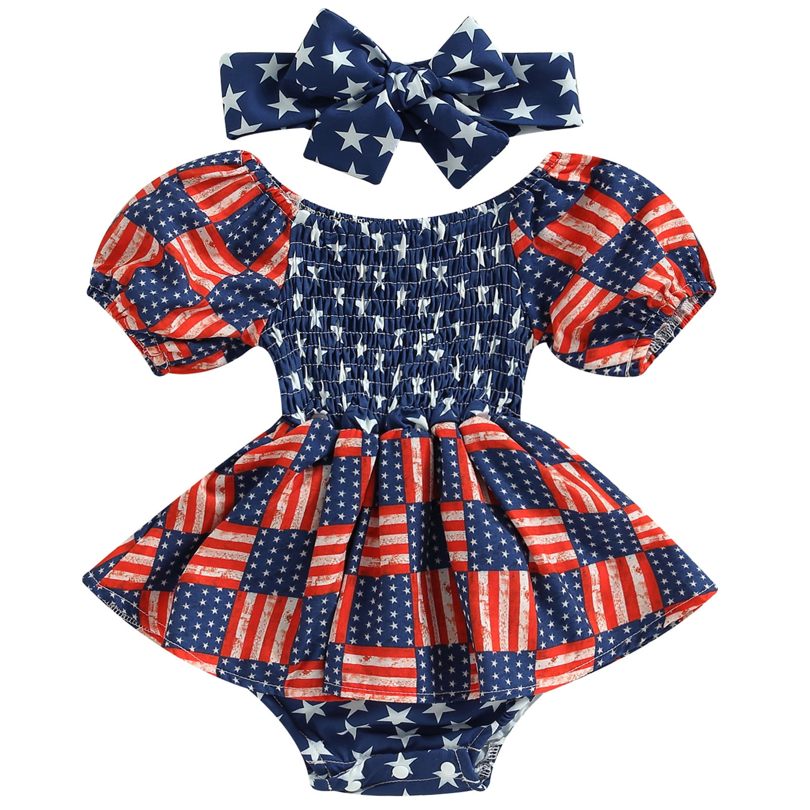 Infant Baby Girls 4th of July Outfits Set Short Sleeve Frill Smocked ...