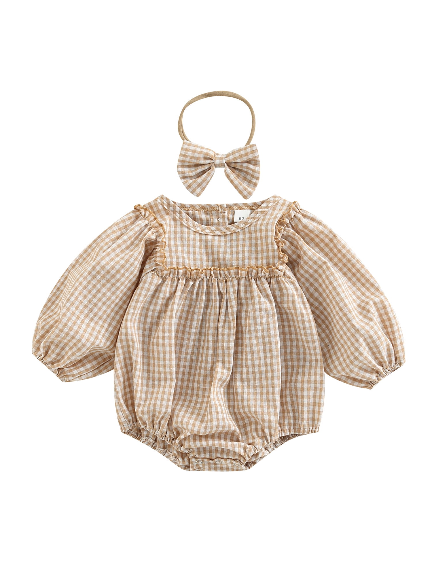 Infant Baby Girls Bubble Romper Plaid Lantern Long Sleeve Bodysuit Smocked One-Piece Clothes ...