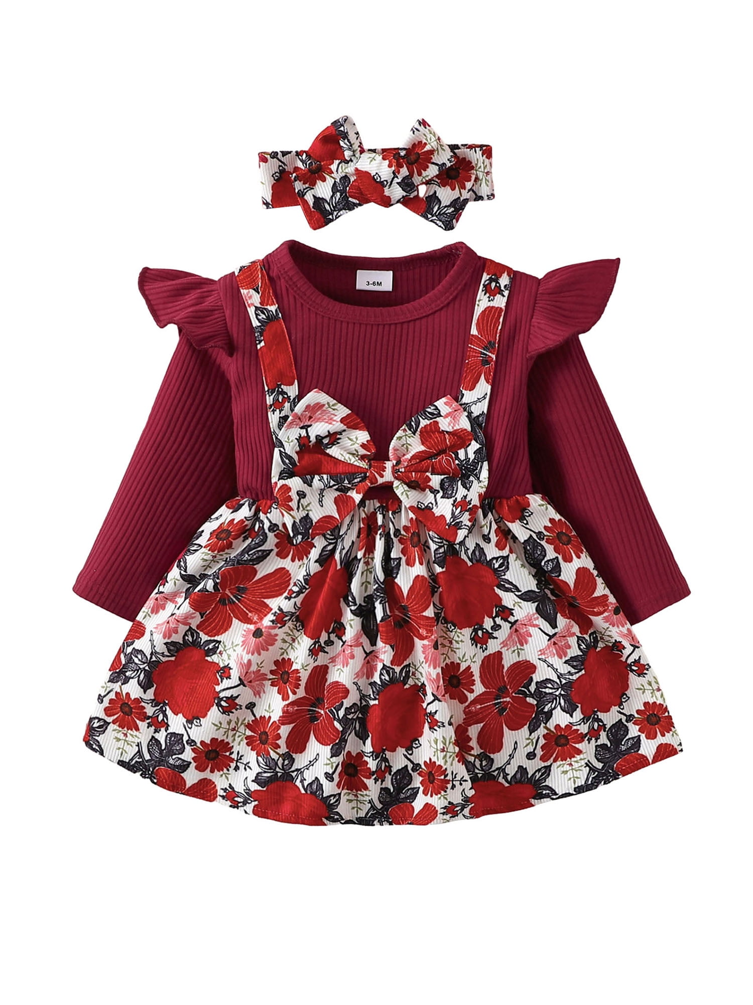 Infant Baby Girls Long Sleeve Bow Front Floral Dress Suspender Dress ...