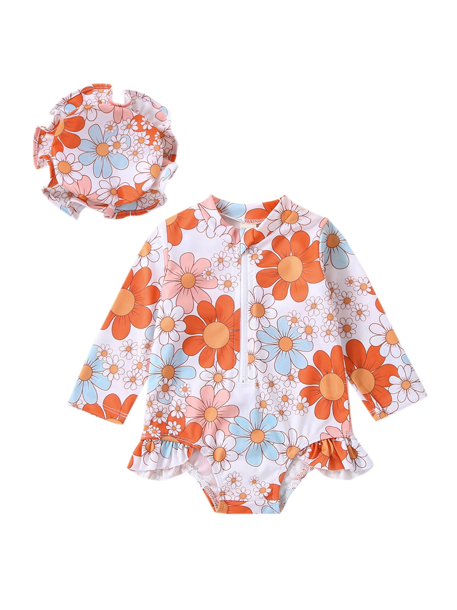 Infant Baby Girls One Piece Swimsuit Long Sleeve Flower Print Zip Up ...