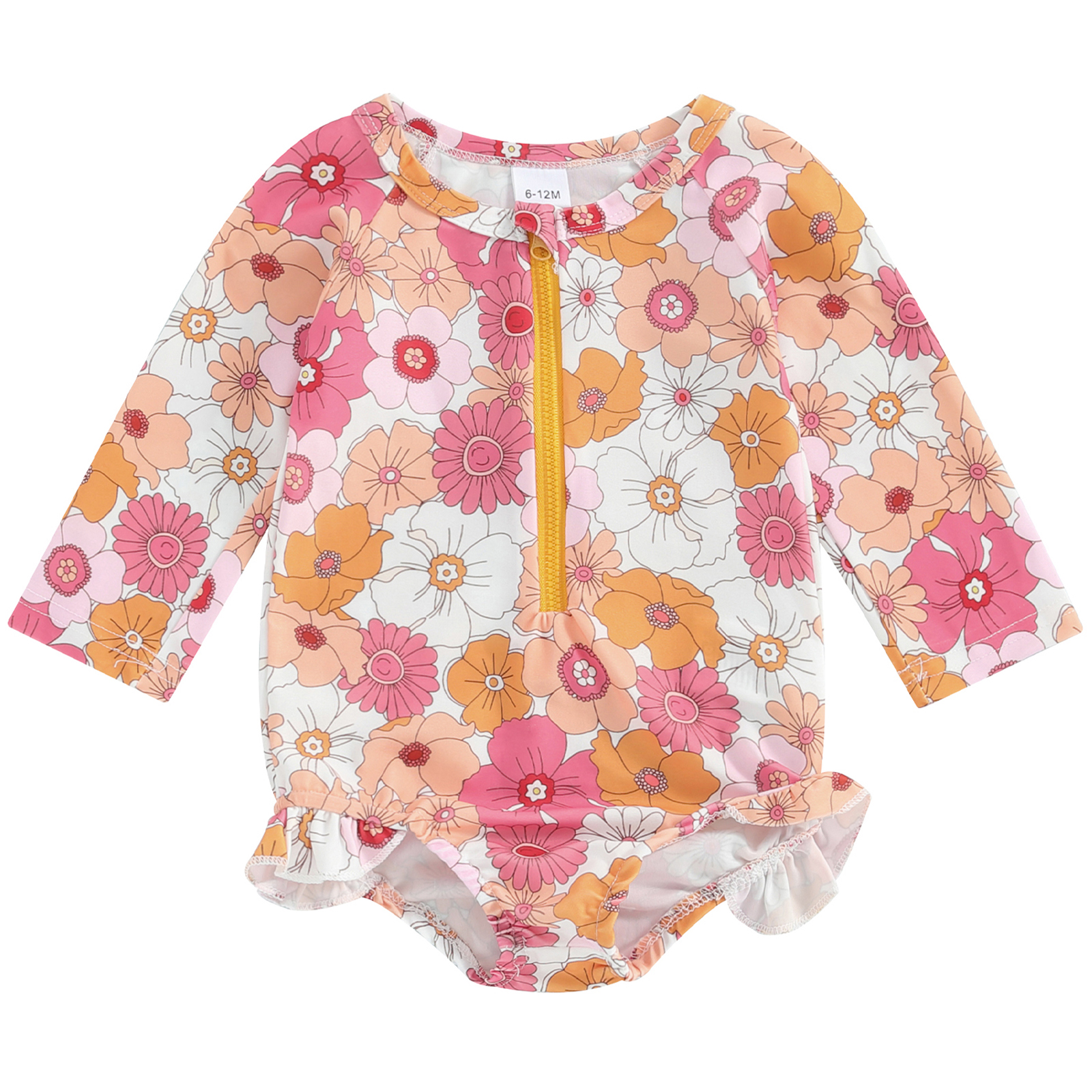 Infant Baby Girls Rash Guard Swimsuit Cute Floral Print Long Sleeve Zip Up Bathing Suit Swimwear ...