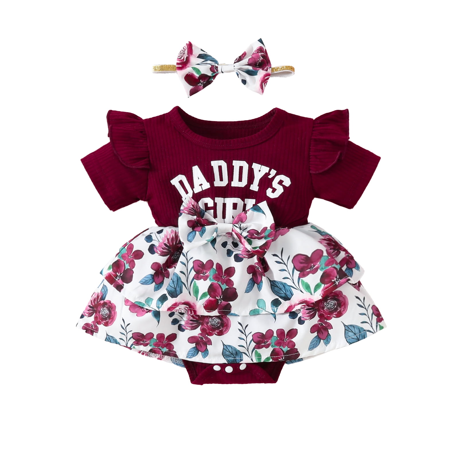 Infant Baby Girls Summer Romper Dress with Bow Headband Letter Floral ...