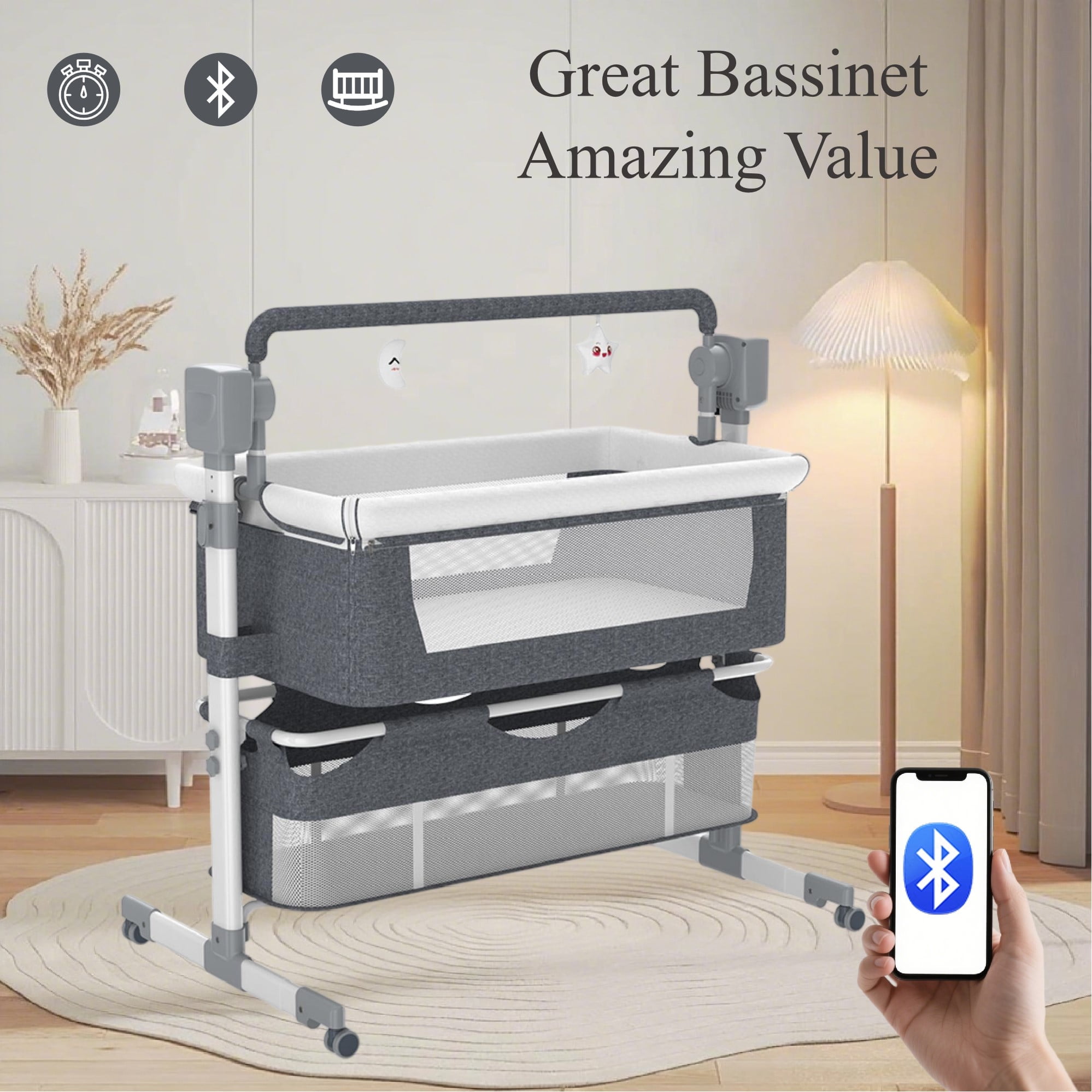 Portable Baby Bassinet Bedside Sleeper with Wheels,Canopy,Storage ...