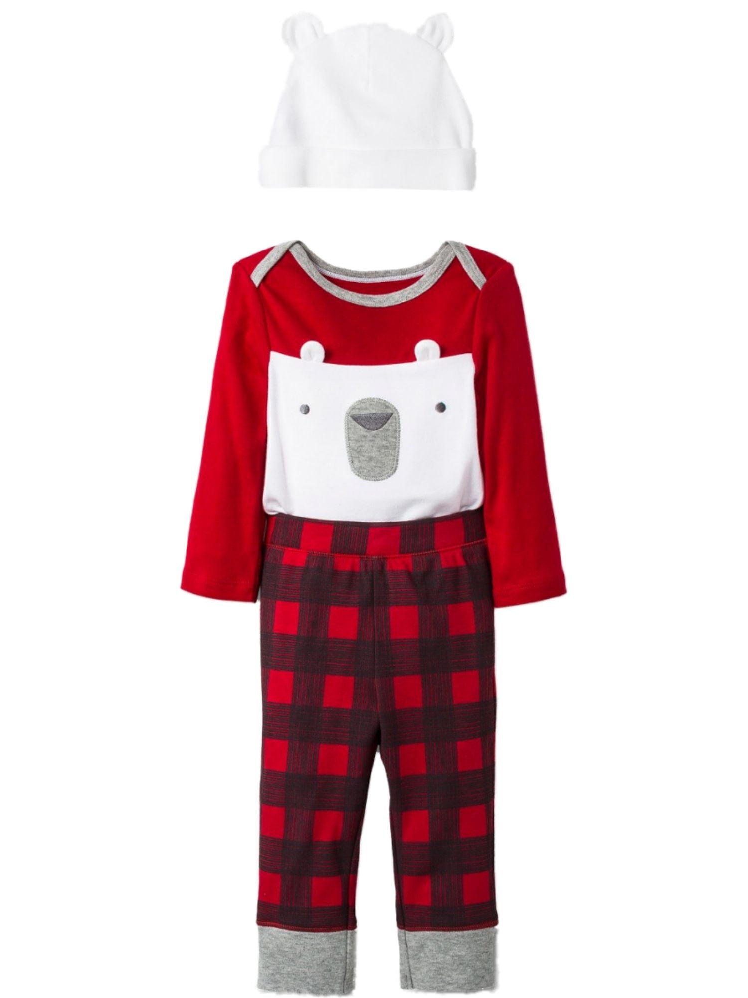 Infant Boys 3 Piece Red Polar Bear Creeper & Plaid Pants Outfit 0/3M ...