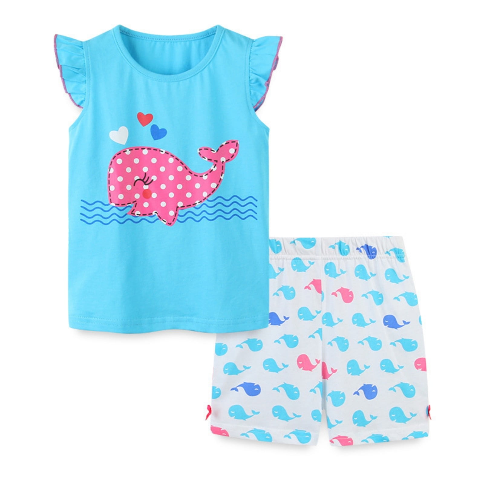 Girl Outfits Kids Summer Cartoon Print Cotton Fly Sleeve T Shirt Plaid ...