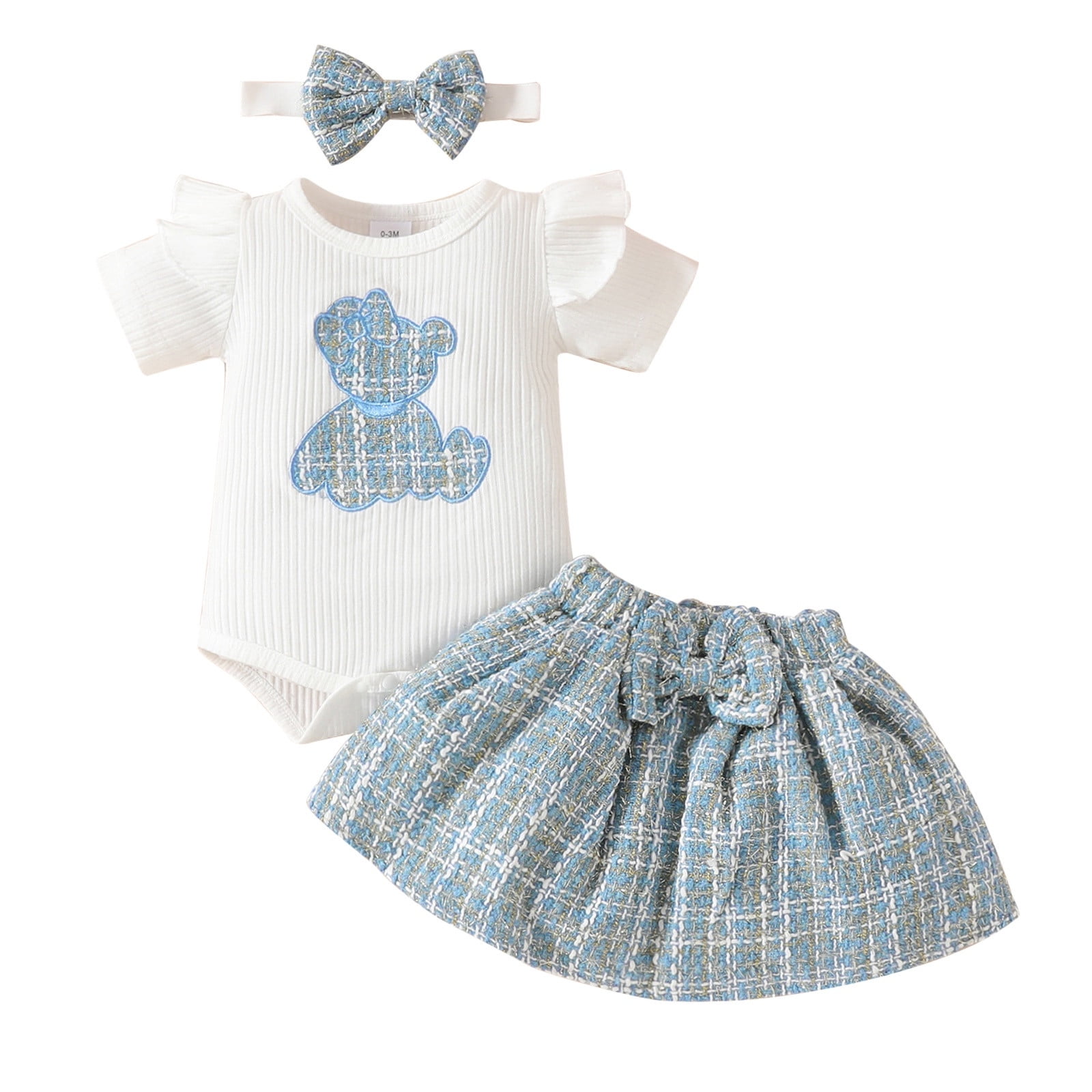 Girl Outfits Short Sleeve Skirt Set Embroidered Cute Bear Playful Charm ...