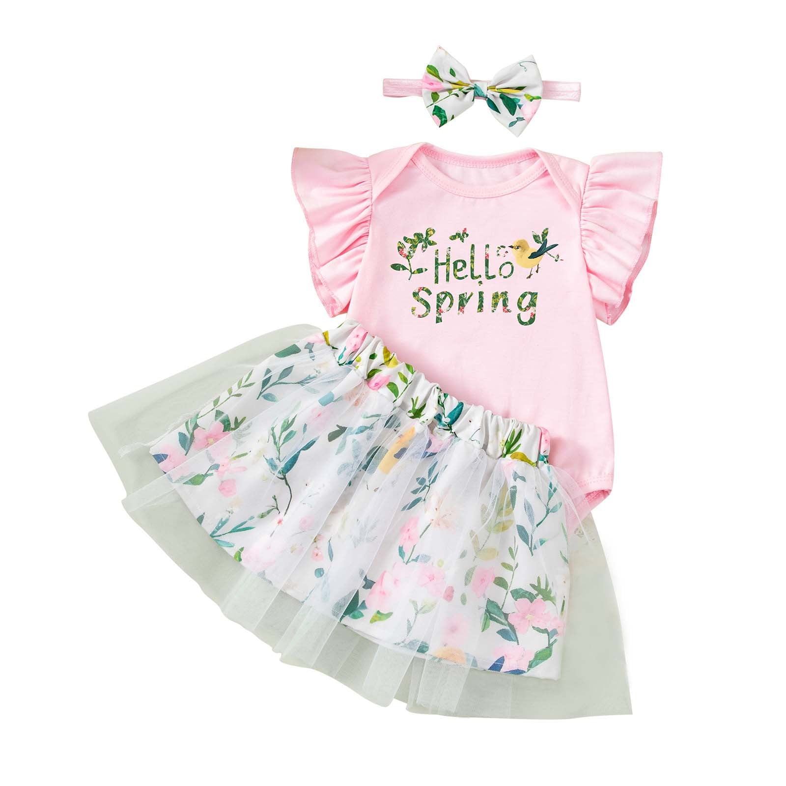 Girl Outfits Spring Summer 3 Piece Outfit Set Flutter Sleeve Top Skirt ...