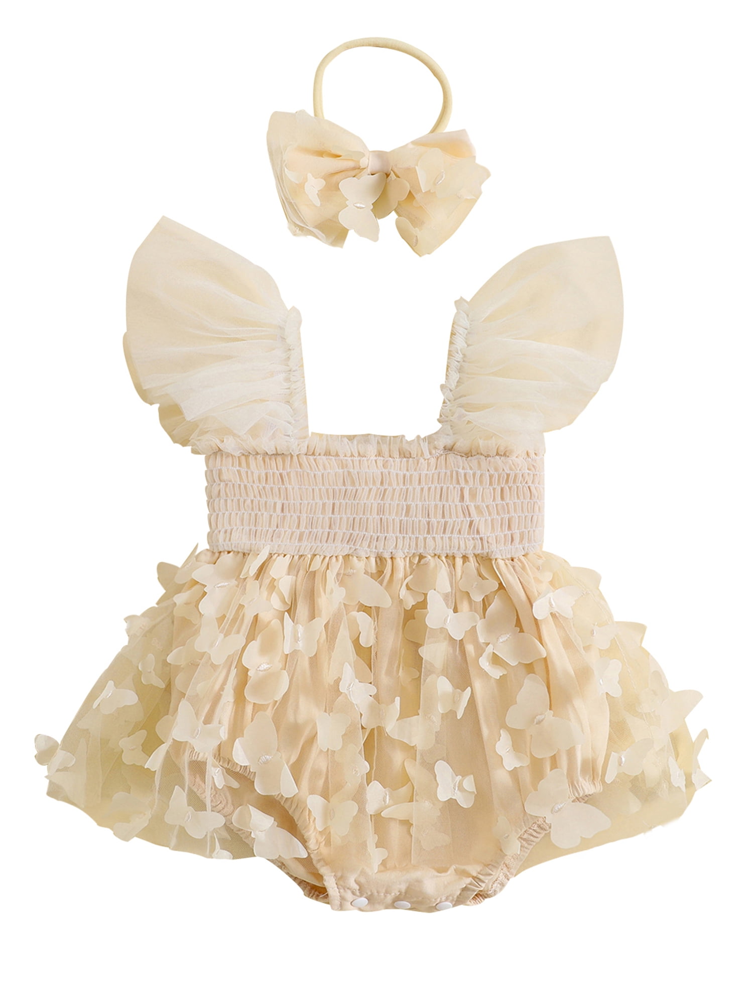 Shunvnny Infant Girl Romper Dress Butterfly Decor Fly Sleeve Ruched ...