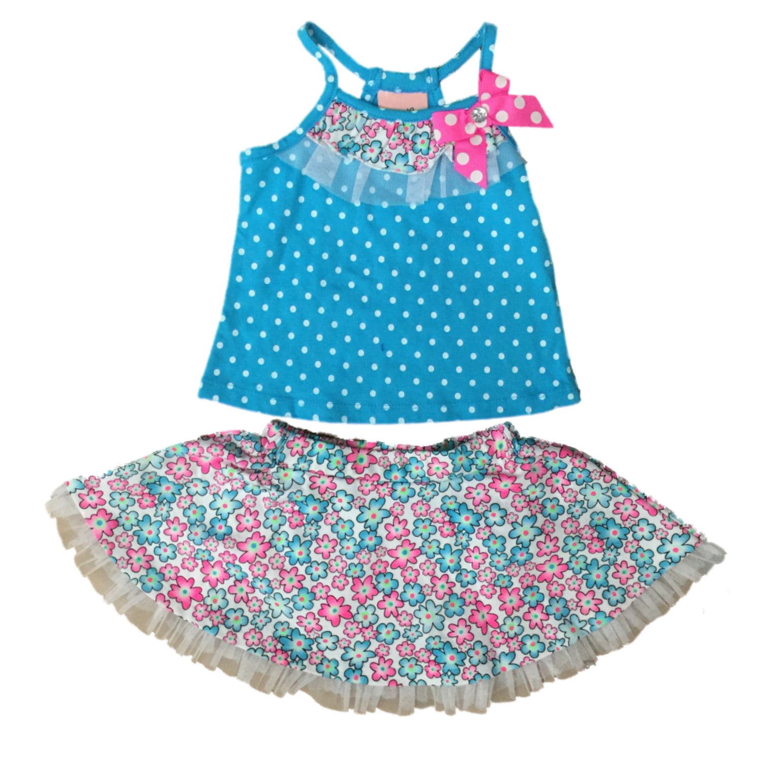 Infant Girls Blue Polka Dot Floral Baby Outfit Shirt & Skort Skirt 24m ...