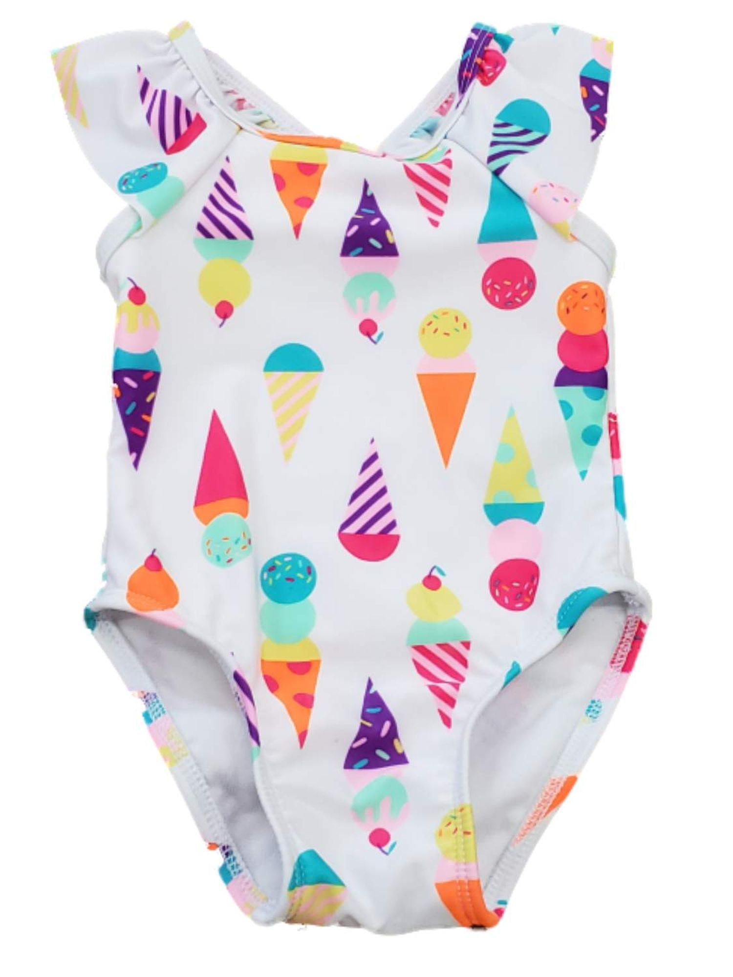 Infant Girls Ice Cream Cone White Ruffled Bow Back 1pc Swimming Swim ...