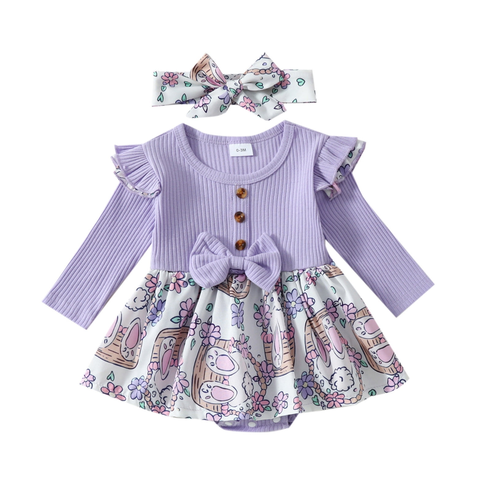 Girls Long Sleeve Easter Rabbit Prints Bowknot Romper Ribbed Bodysuits Dress Headbands Set ...