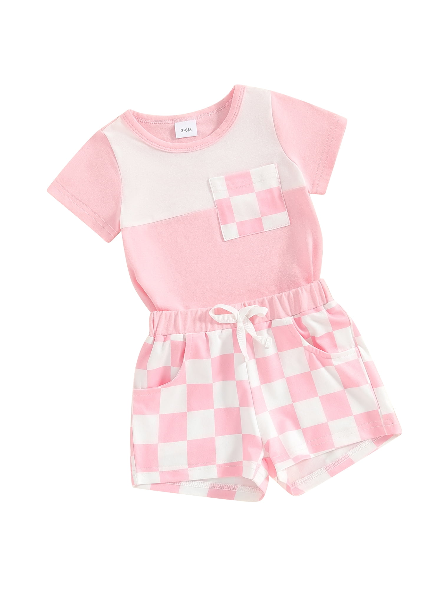Infant Girls Shorts Outfit Checkerboard Print Short Sleeve Pocket T ...