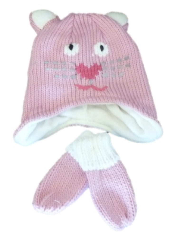 Infant & Toddler Girls Pink Kitty Cat Hat & Mittens Set Knit Beanie 2 ...
