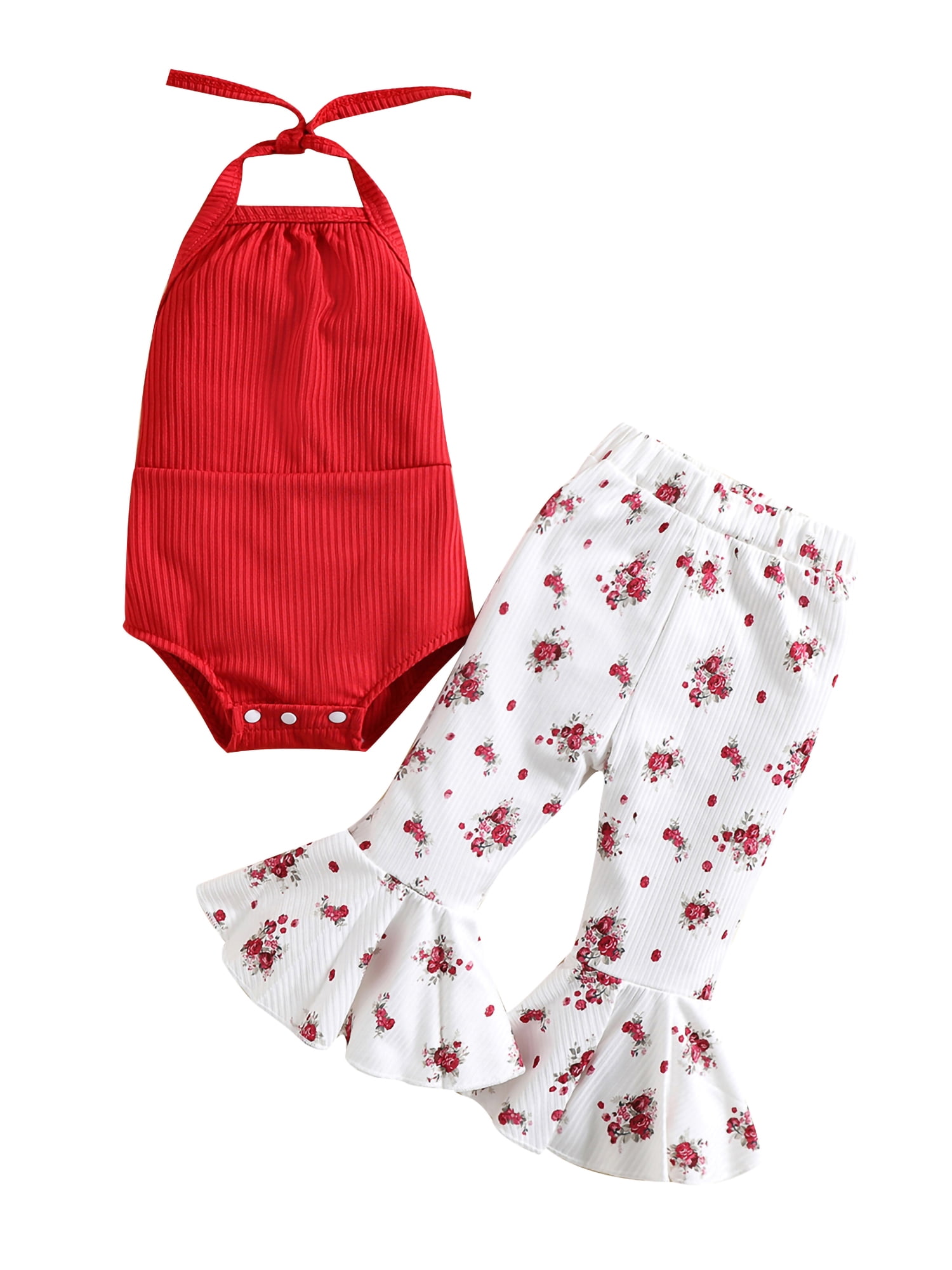 Infants Girl Halter Tanks Tops + Flared Pants, Floral Print Wide ...