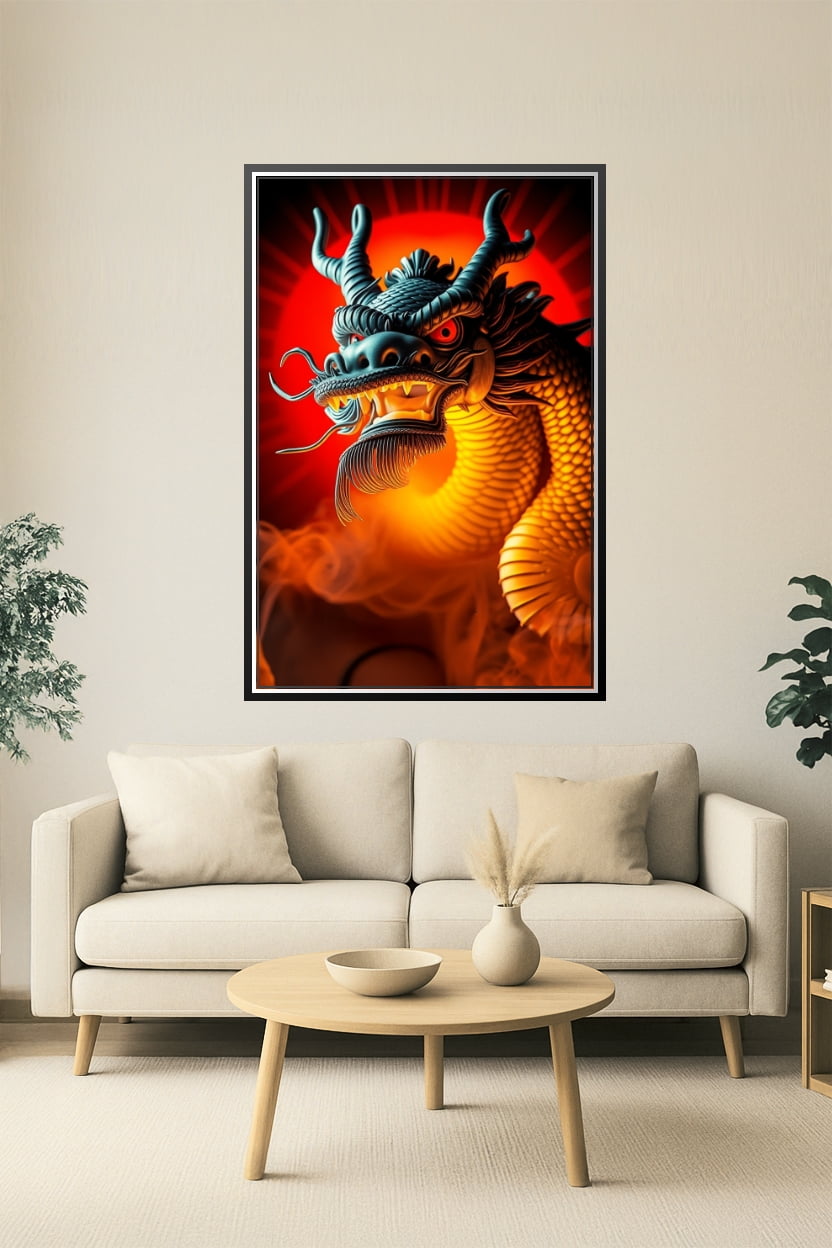 Inferno Dragon – Fiery Chinese Myth Poster with Rising Sun 【Rolled ...