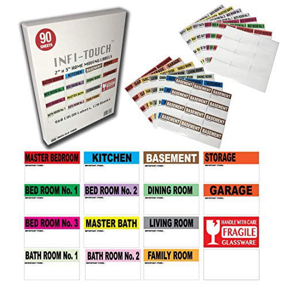 Infi-Touch Home Moving Labels, Large 2"x3", Assorted Color Coded Room ...