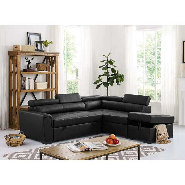 Infini Right Sided Faux Leather Sleeper Sofa with Storage Ottoman in Black INV07281
