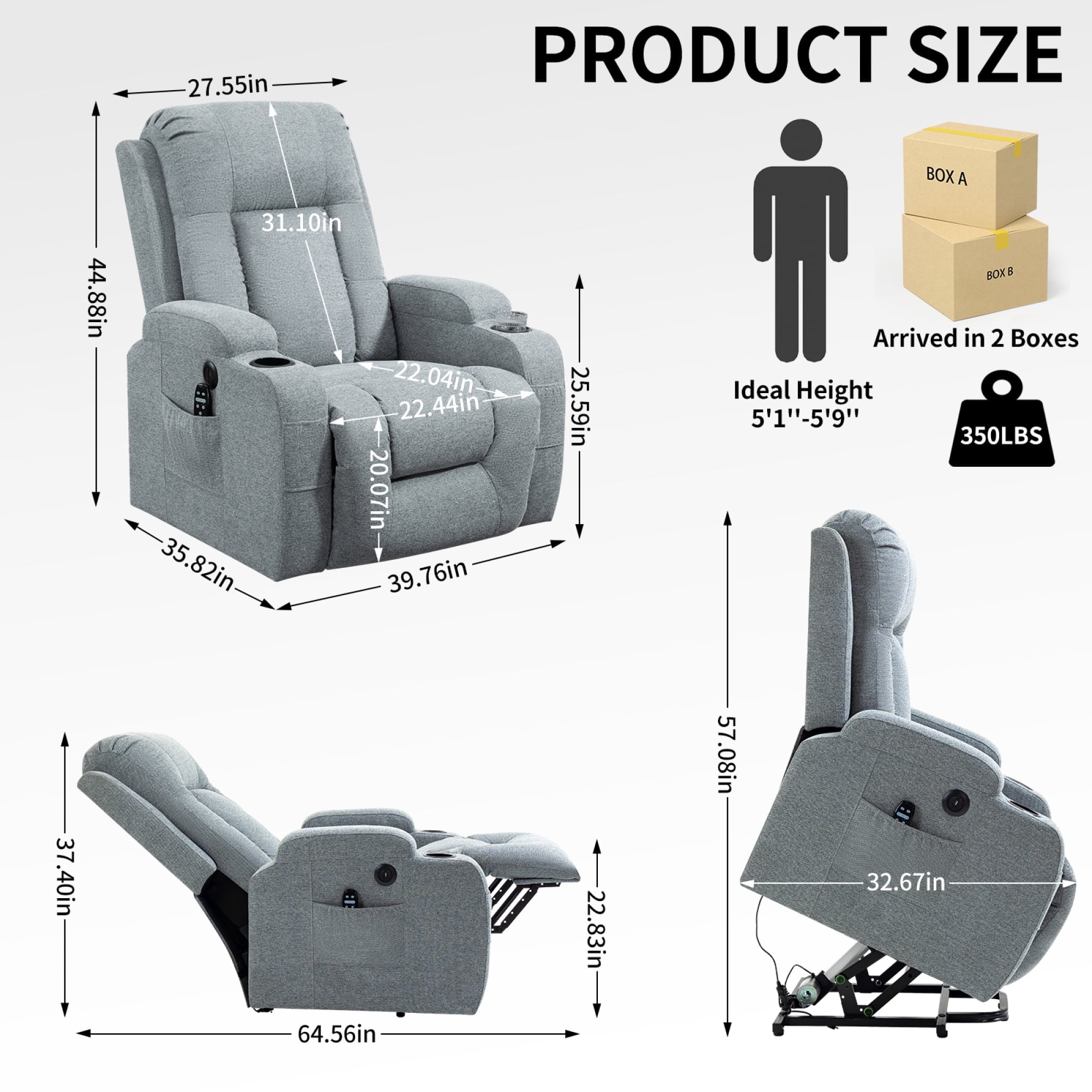 Infinite Position Single Motor Up to 350 LBS Power Lift Recliner Chair ...