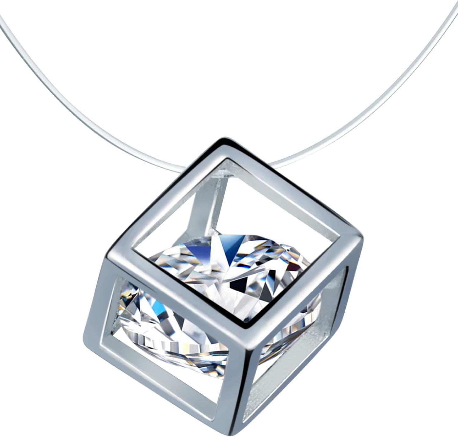 Infinite U Magic Cube Pendant 925 Sterling Silver Invisible Fish Line solitaire Choker Necklace ...