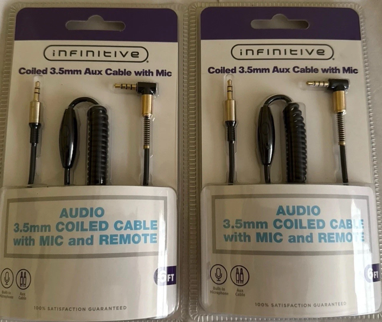 Infinitive Coiled 3.5Mm Aux Cable With Mic And Remote 6’ Length Audio 2 ...