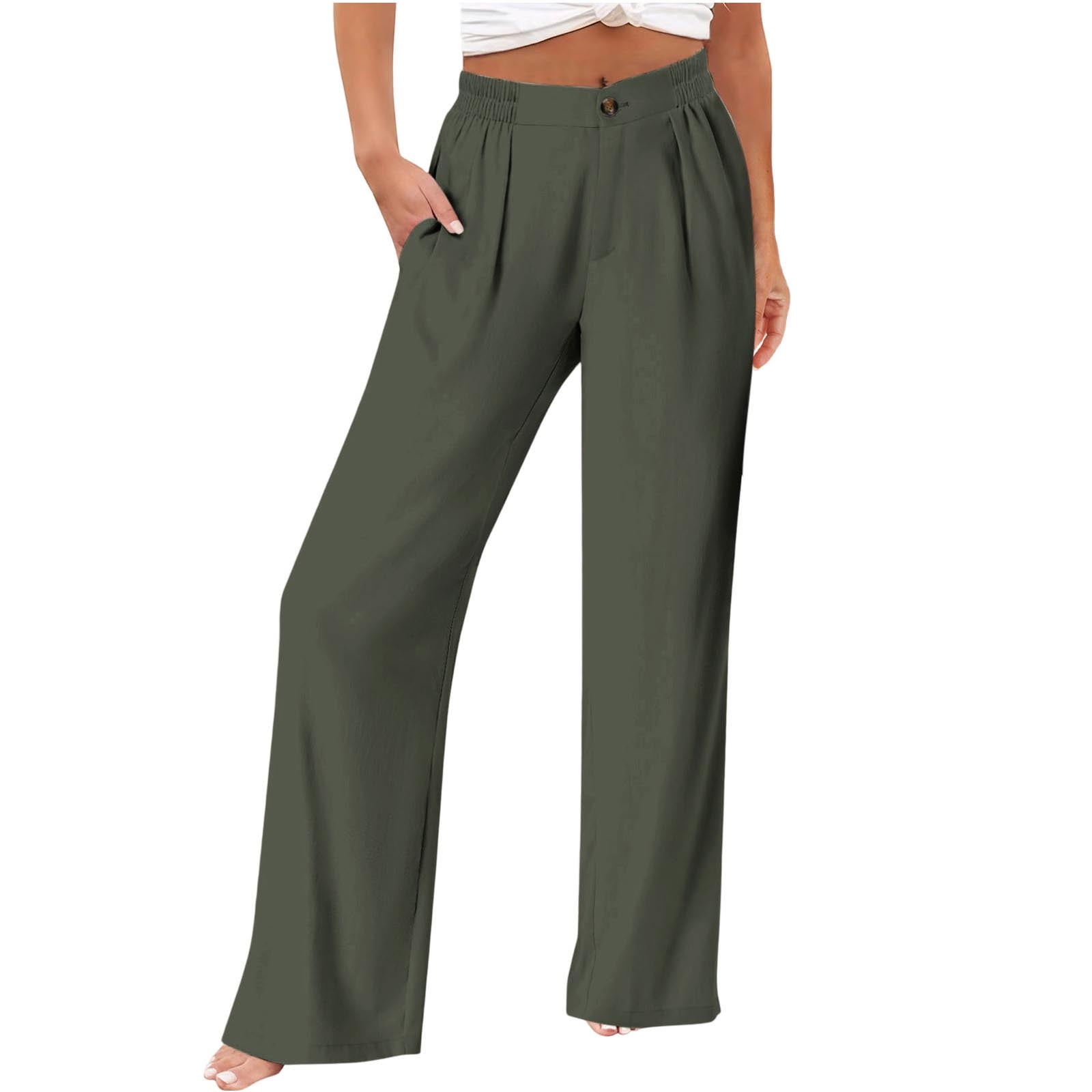 Women's Summer Fall Linen Boho Wide Leg Casual Pants Palazzo Button ...