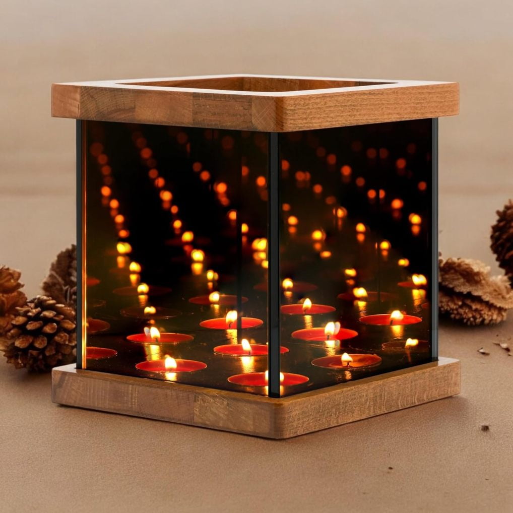 Infinity Mirror Tea Light Holder, Glass Hurricane Candle Holder, Wood ...
