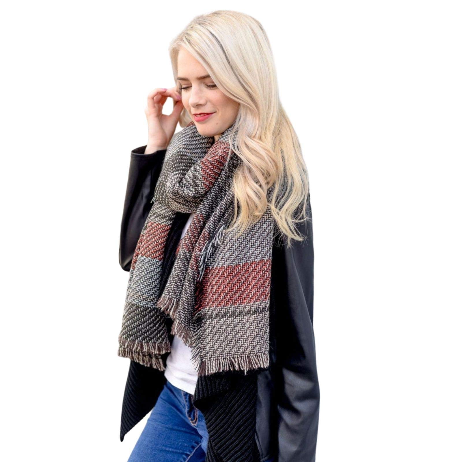 Infinity Scarves For Women Herringbone Basket Weave Frayed Border Scarf ...