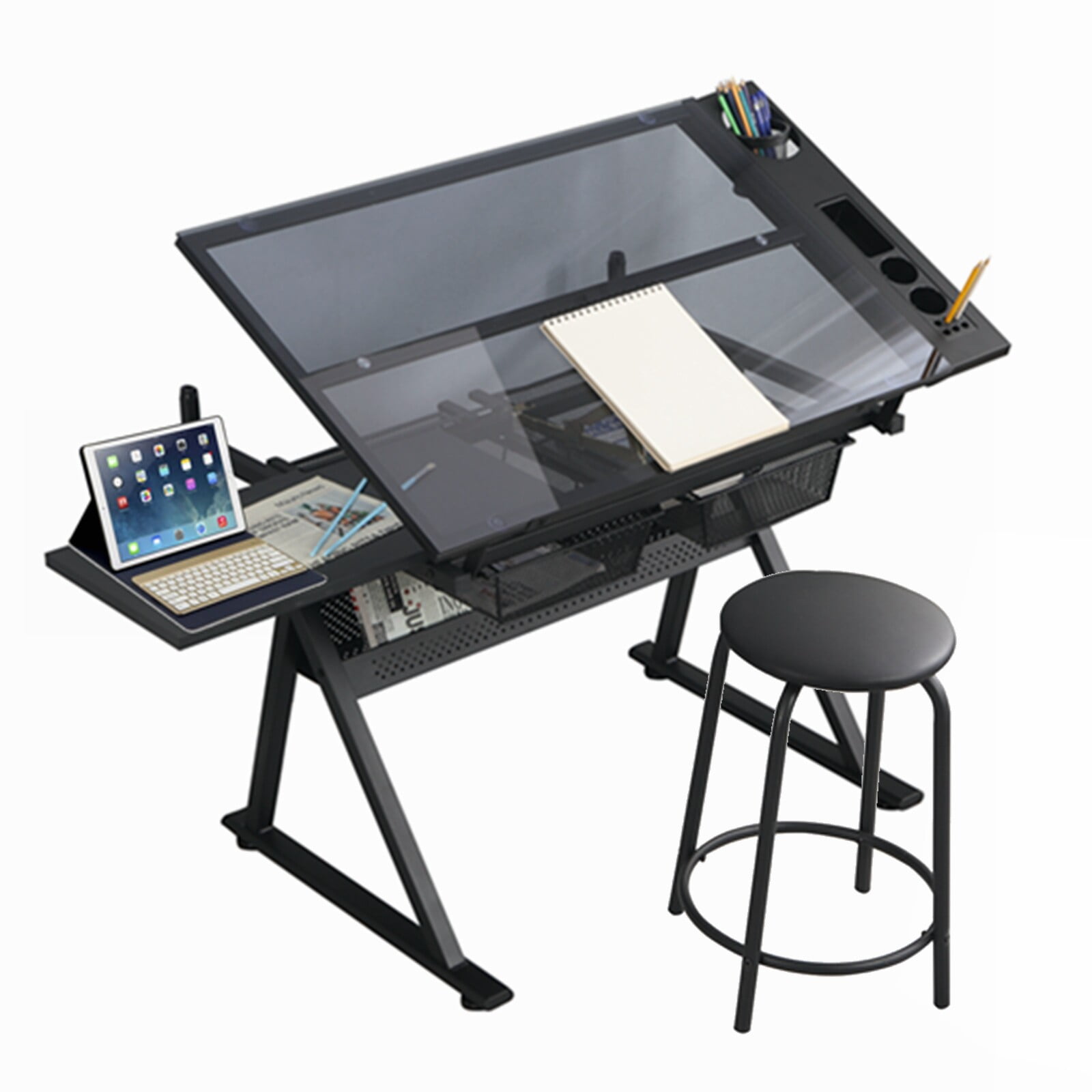 Infirleo Glass Drafting Table with Stool, Height Adjustable Drawing ...