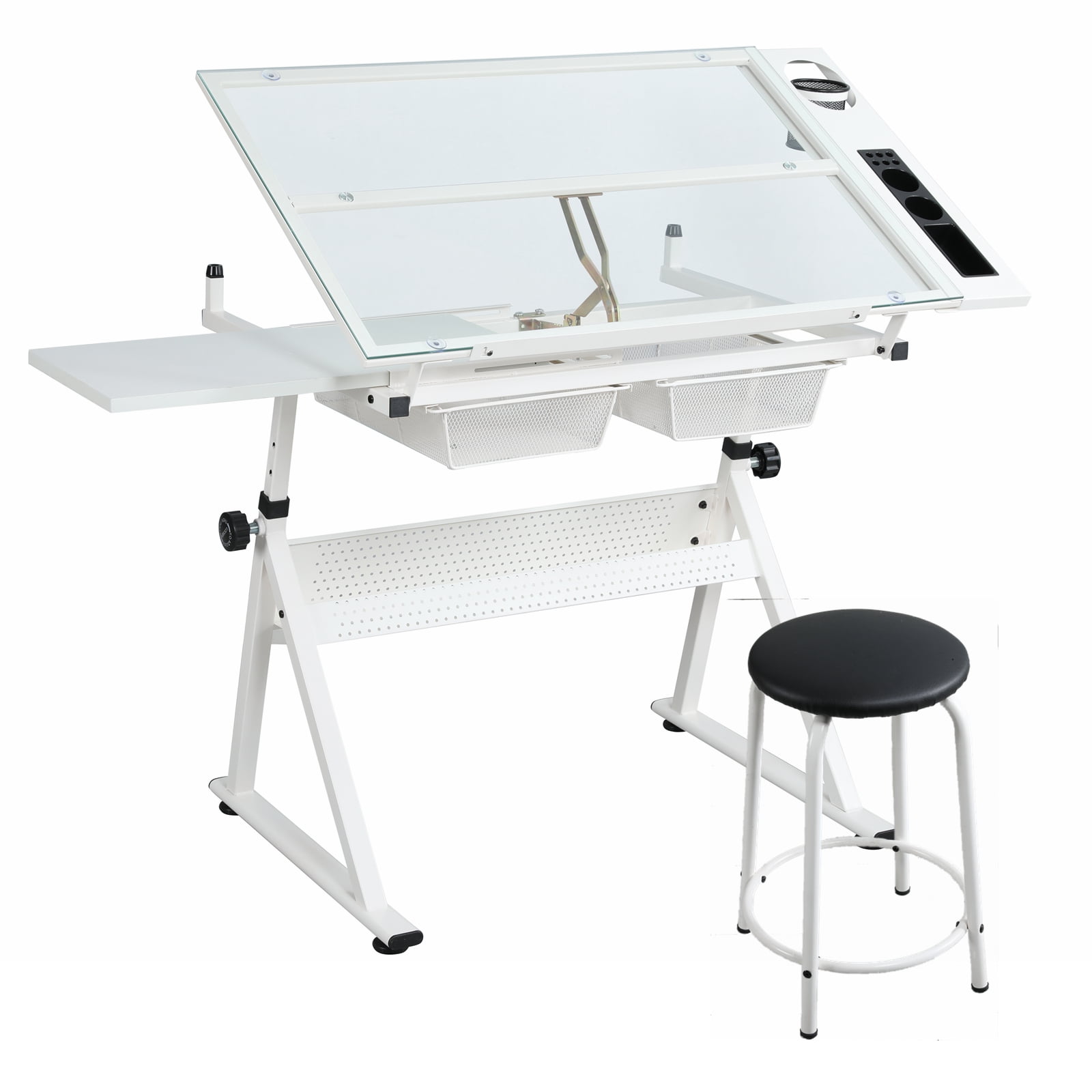 Infirleo Tempered Glass Adjustable Height Drafting Table with Stool ...