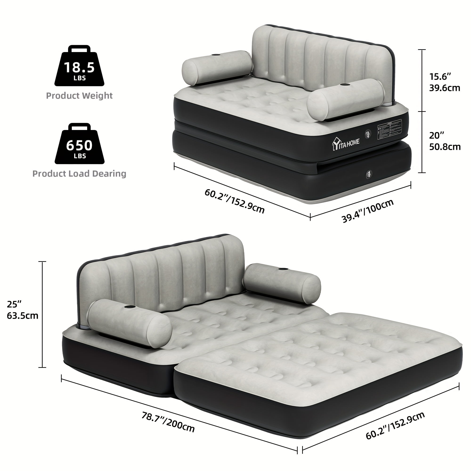 Inflatable Air Sofa Bed 2-in-1 Backrest Couch Airbed With Headboard And ...