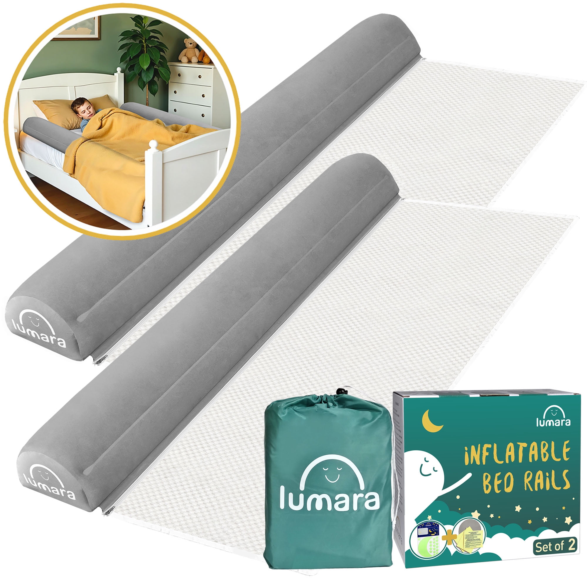Inflatable Bed Rail for Toddlers 2 Pack - Portable Travel Bed Bumpers ...