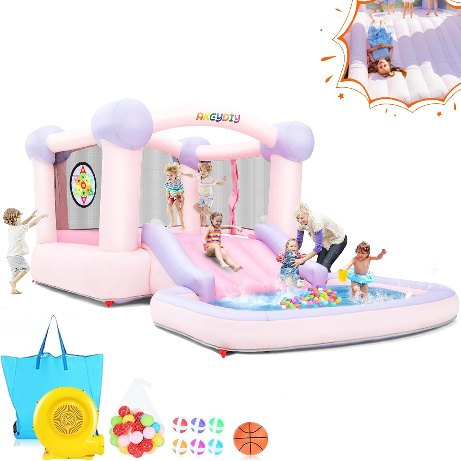 Inflatable Bounce House with Water Slide and Ball Pit for Kids 2-8 ...