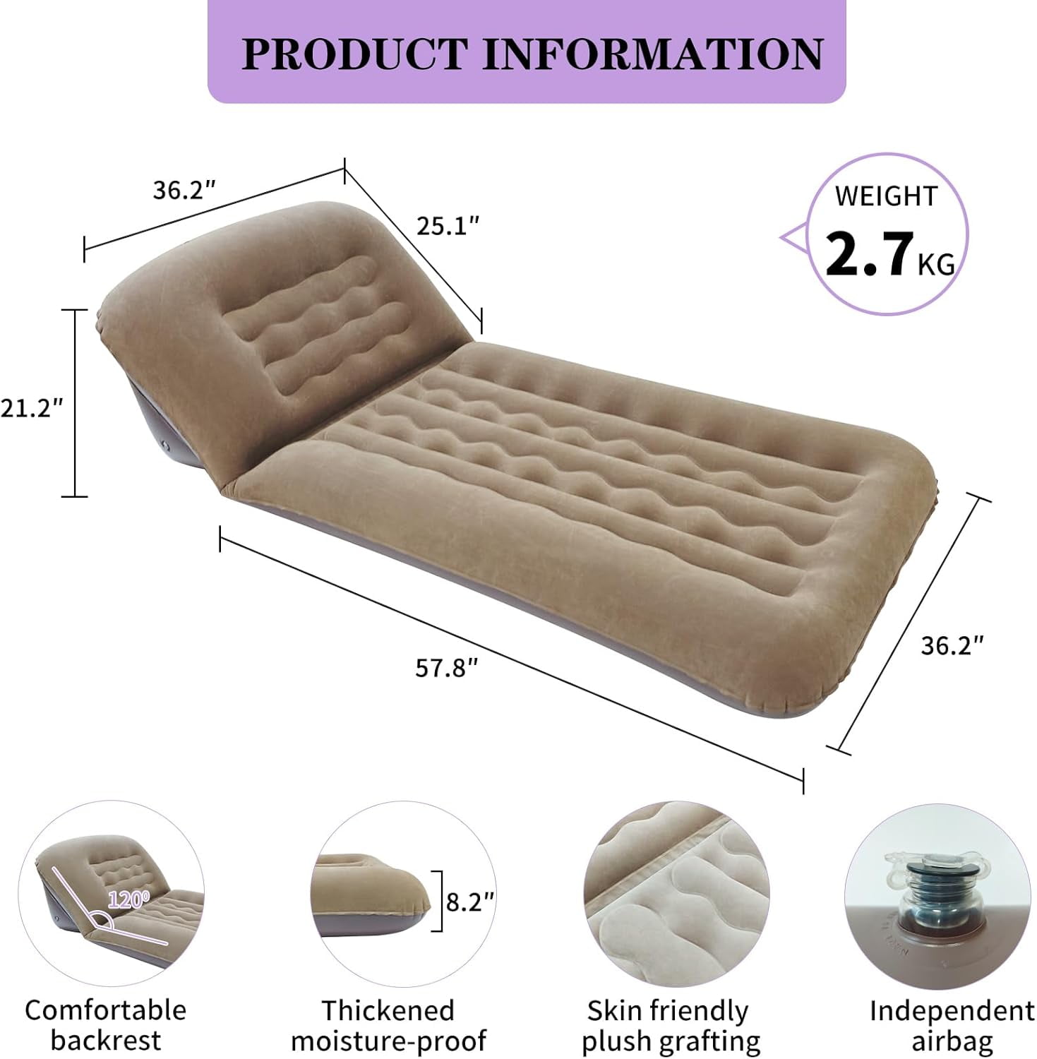 Inflatable Camping Air Mattress with Adjustable Backrest, Flocking ...