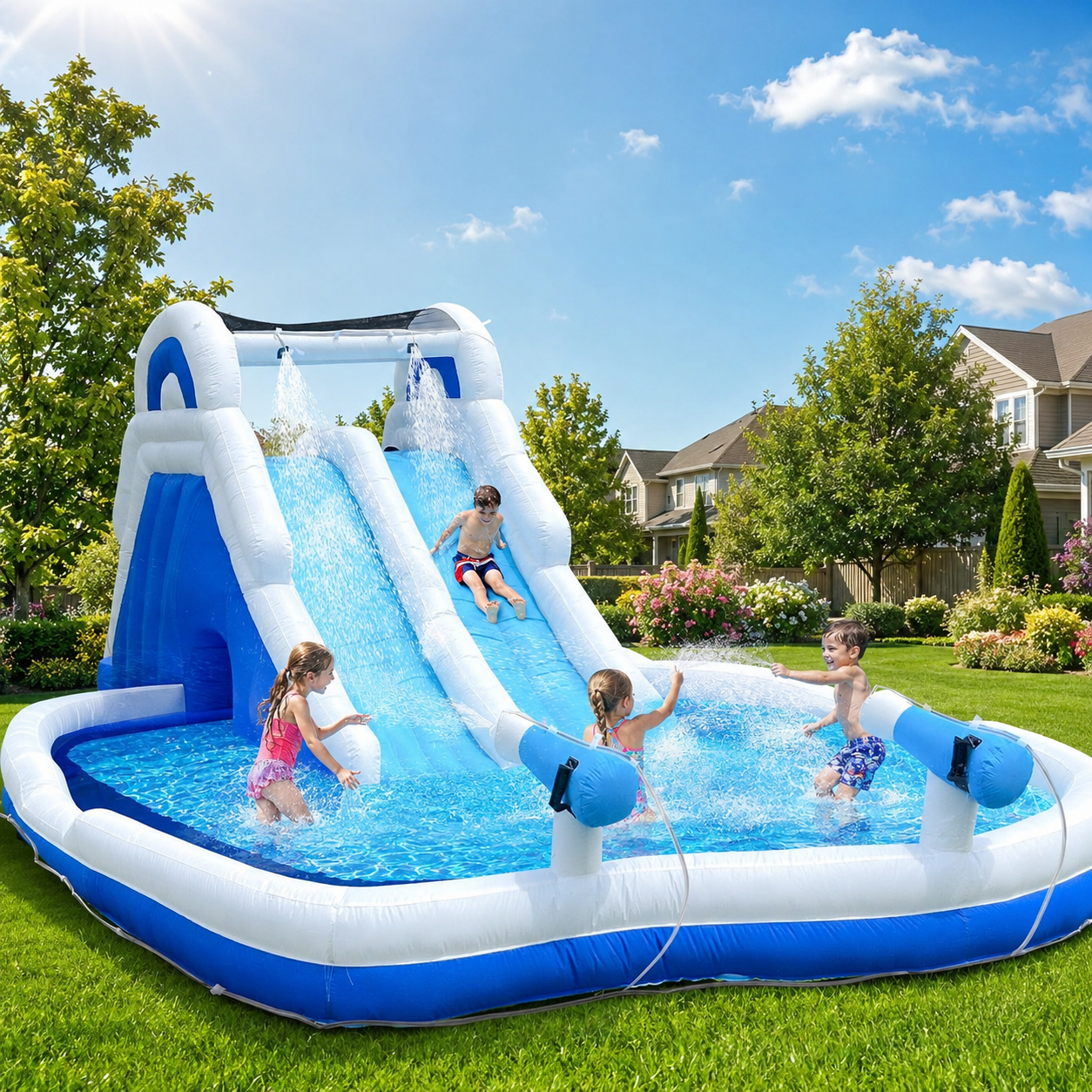 Inflatable Double Water Slide with Climbing Wall & Large Splash Pool ...