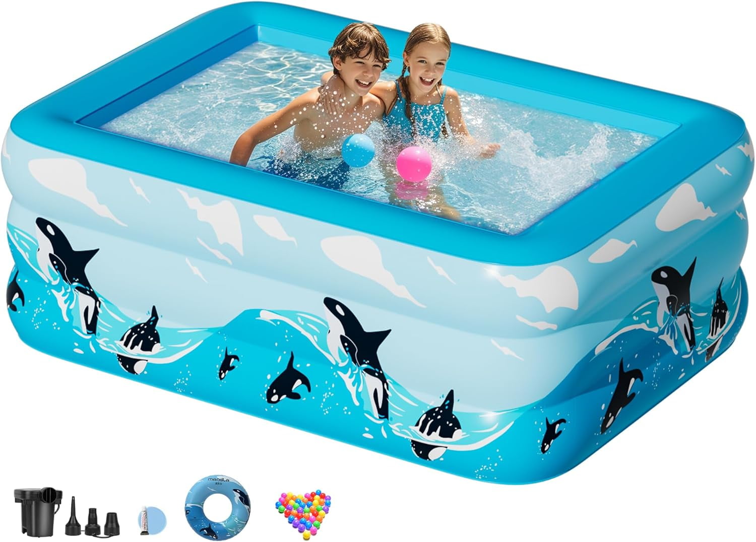 Inflatable Family Swimming Pool with electric pump, Blow Up Kiddie Pool ...