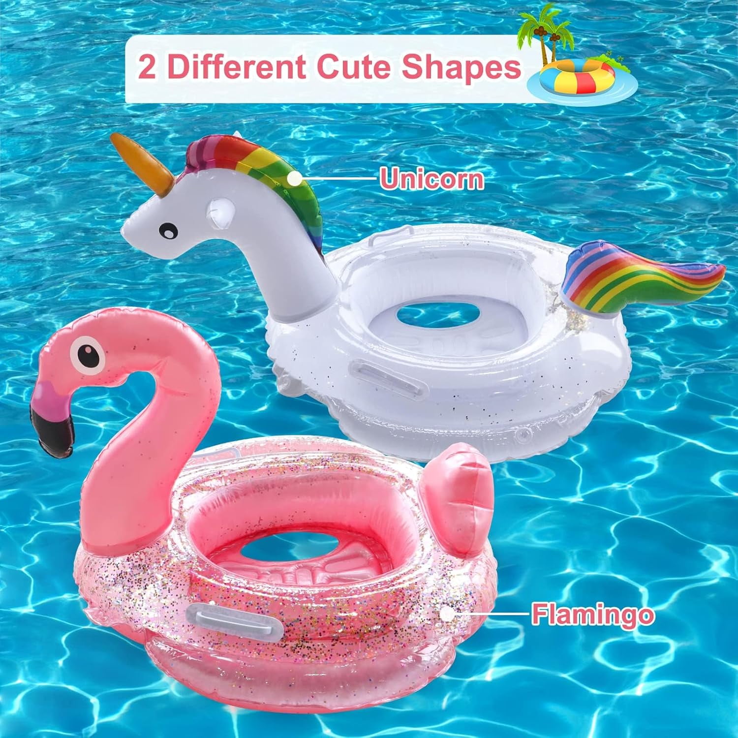Inflatable Flamingo Pool Floats for Kids, 2 Pack Swim Rings with Safety ...