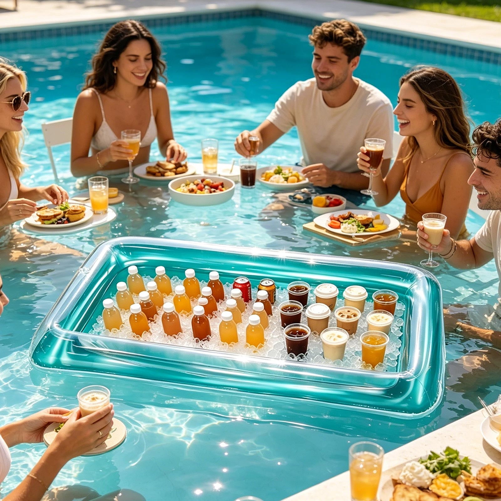 Inflatable Floating Pool Ice Bar 49.6x25.6in Transparent Blue PVC Drink ...