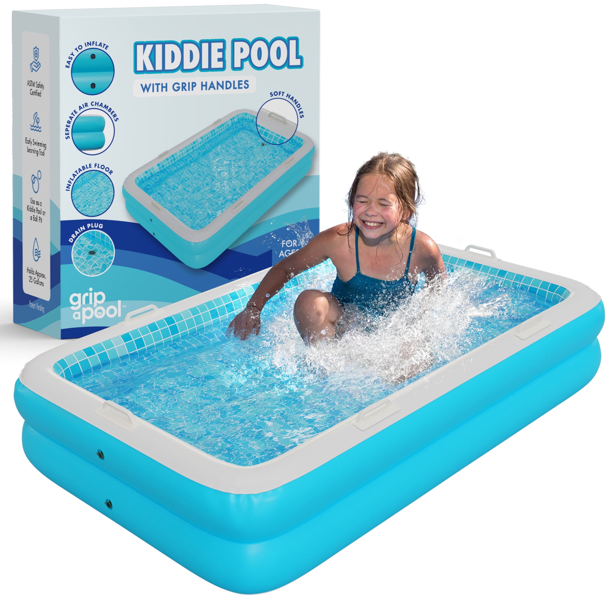 "Inflatable Kiddie Pool, 65""x39""x10"", for Kids Age 2+, Grip Handles ...