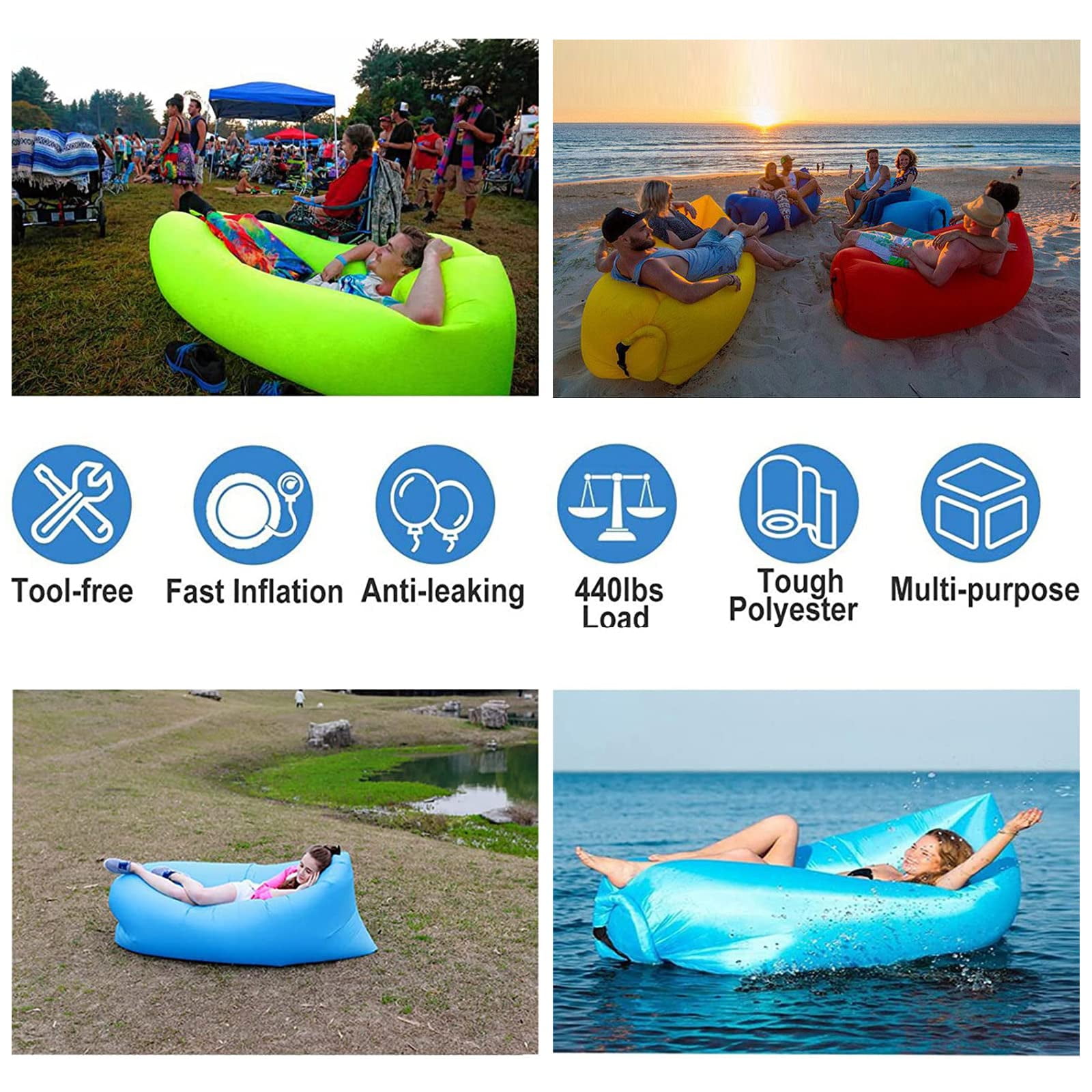 Inflatable Lounger Air Sofa Chair–Camping & Beach Accessories–Portable Water Proof Couch for ...