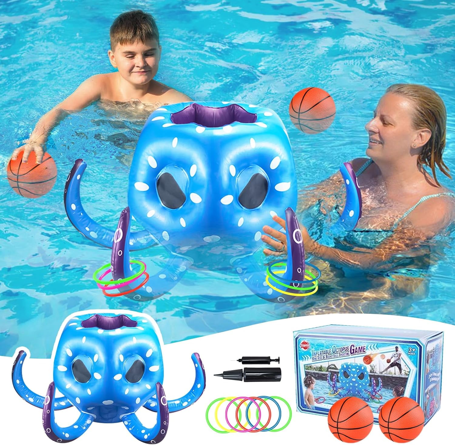 Inflatable Octopus Summer Pool Toys Floating Basketball Hoop & Ring ...