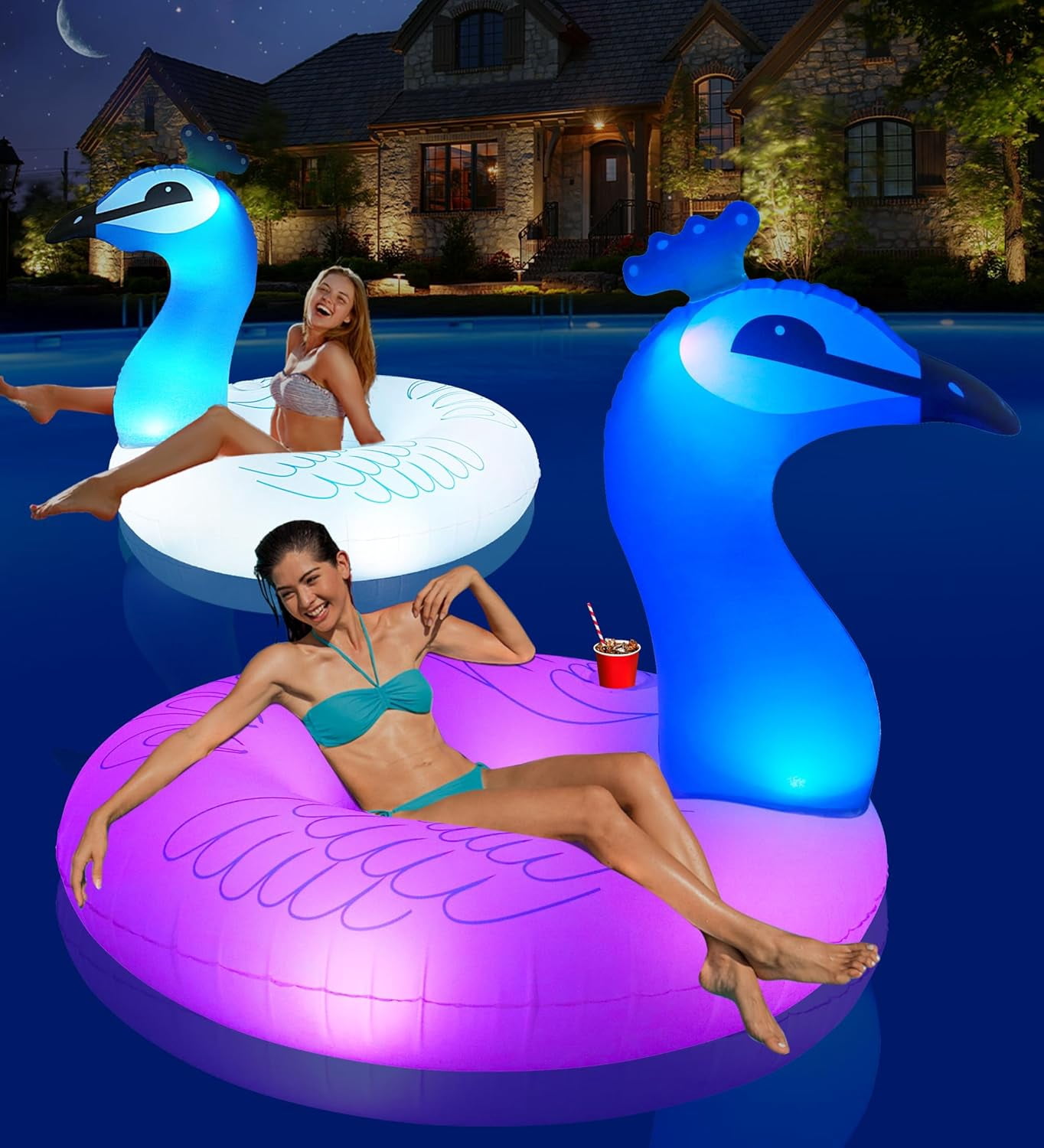 Inflatable Peacock Pool Float with Colorful Lights, Solar Powered Inflatable Peacock Ring Pool ...