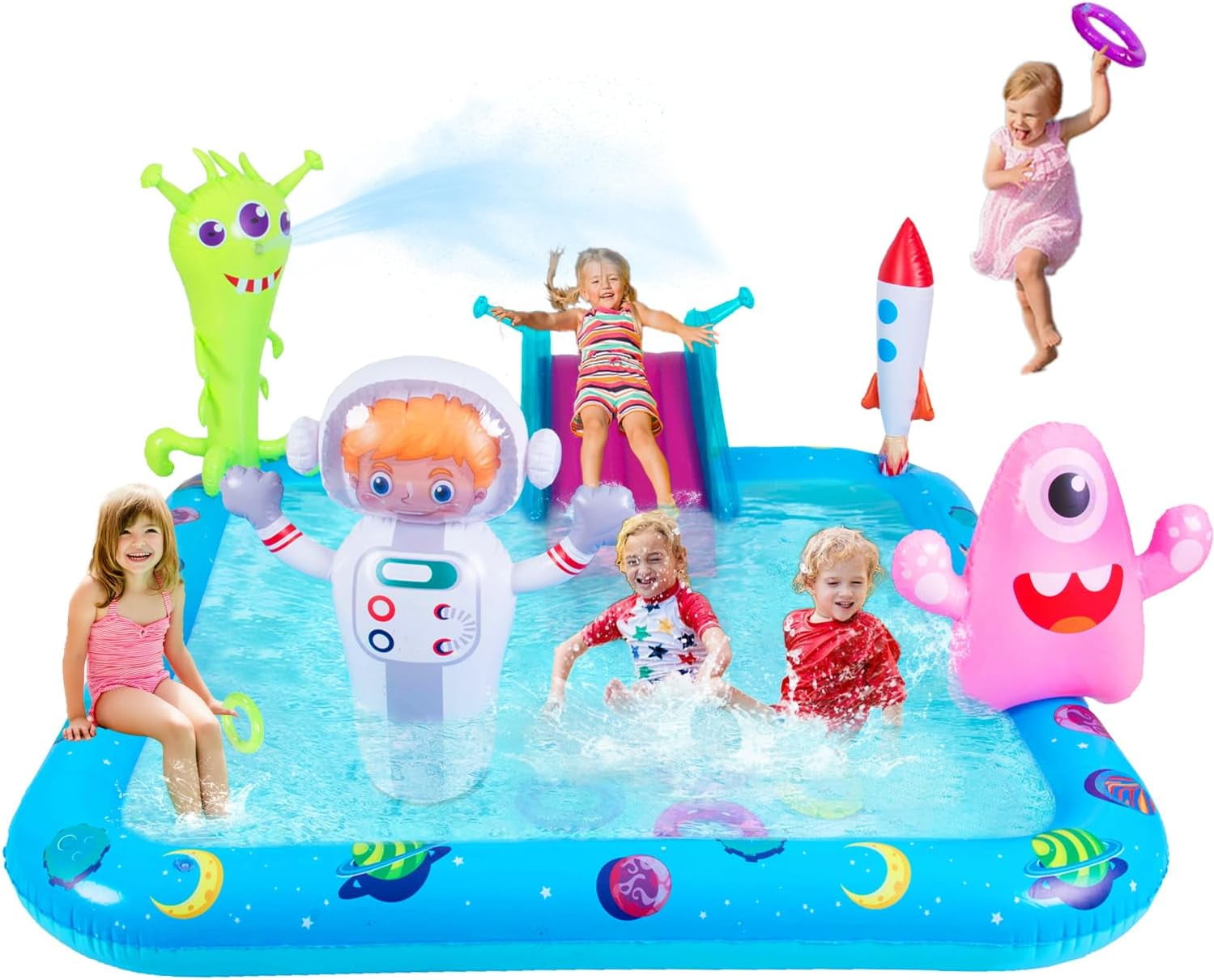 Inflatable Play Center Pool with Slide, Space Astronaut Square Kiddie ...