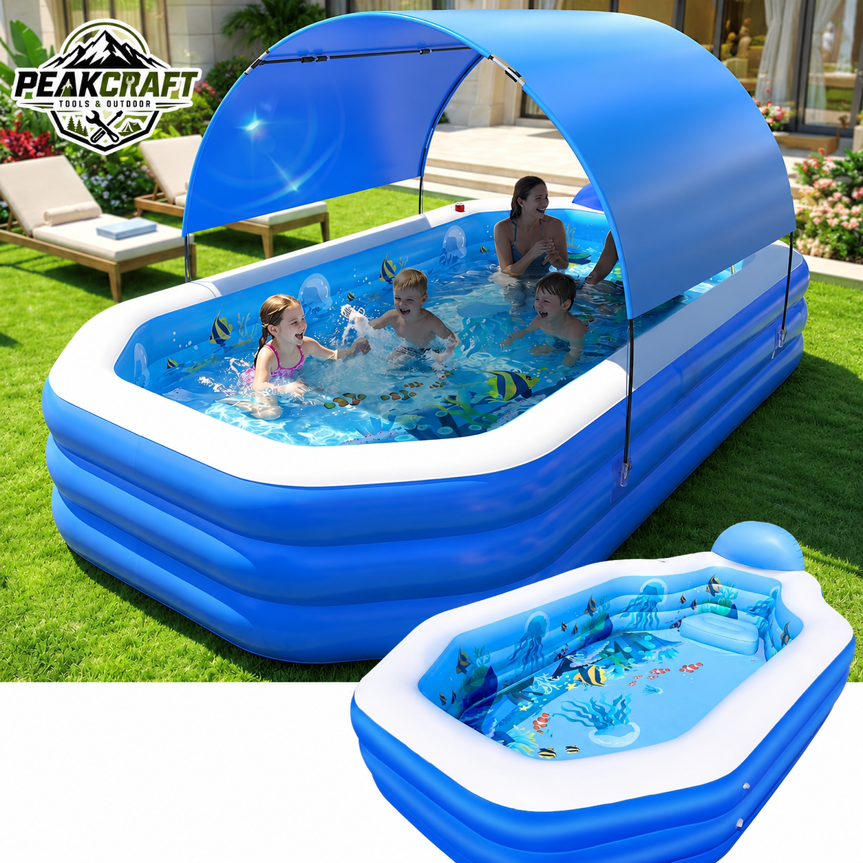 Inflatable Pool with Canopy 118" x 75" x 22", Large Family Blow Up ...
