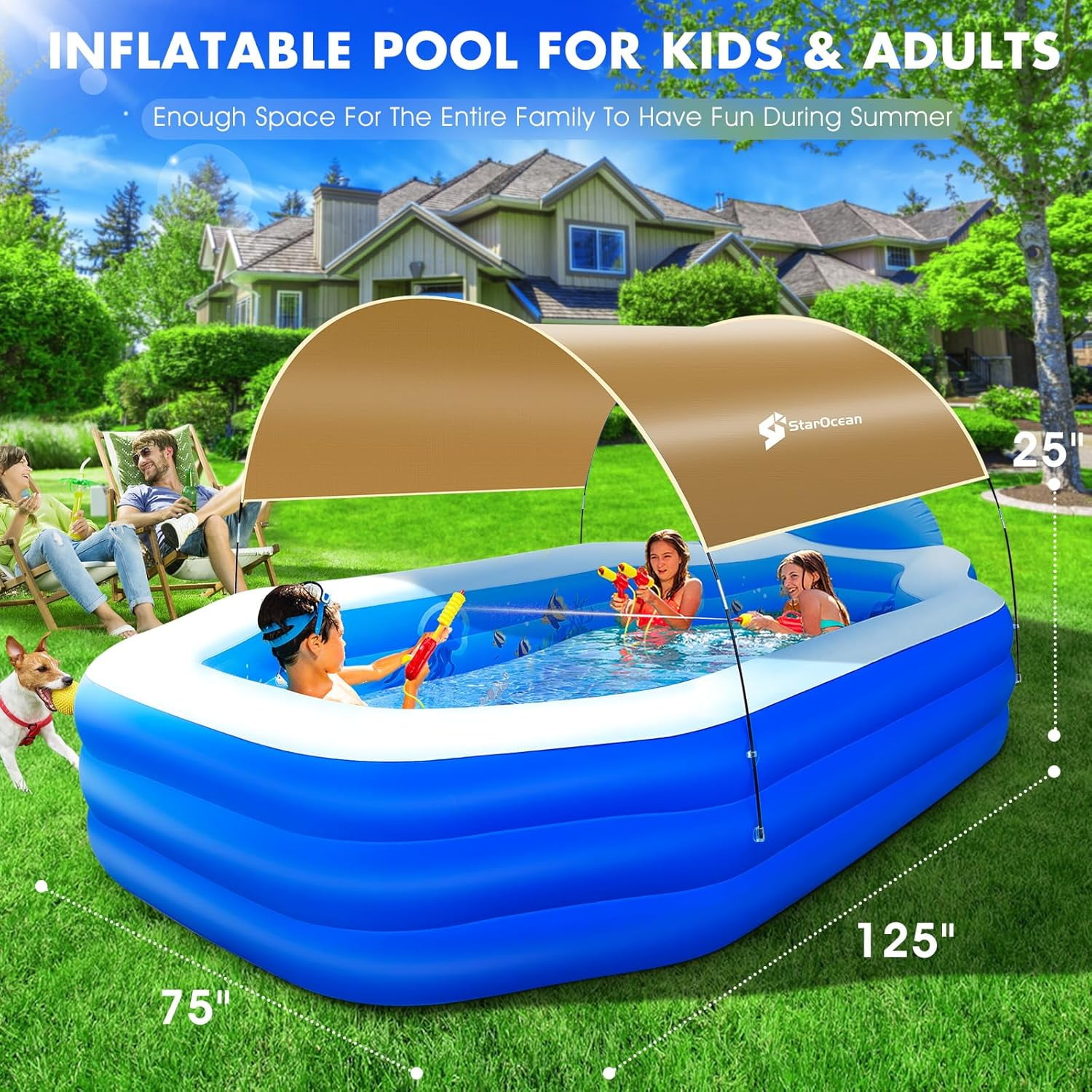 Inflatable Pool with Canopy,Large Inflatable Swimming Pool for Kids ...