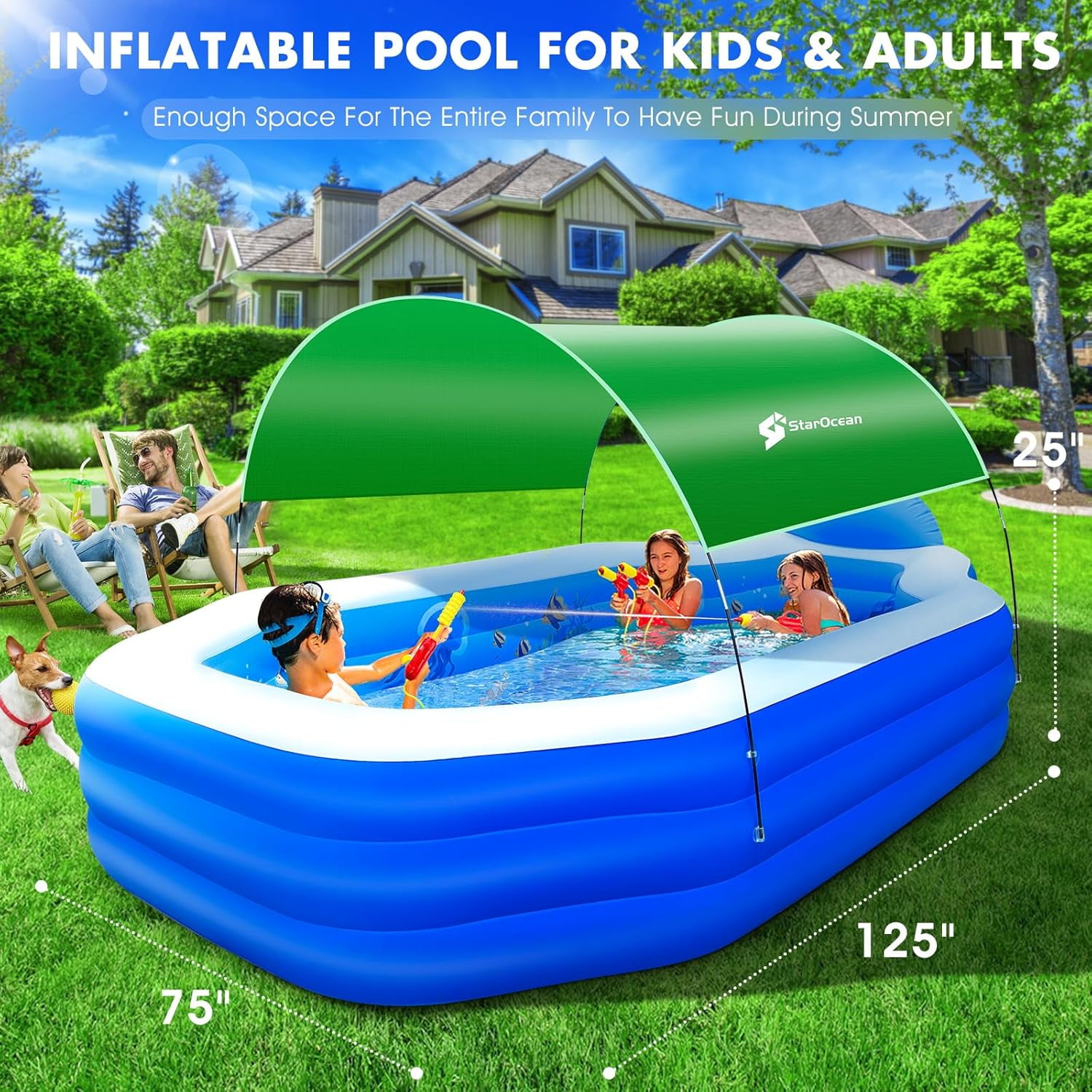 Inflatable Pool with Canopy,Large Inflatable Swimming Pool for Kids ...