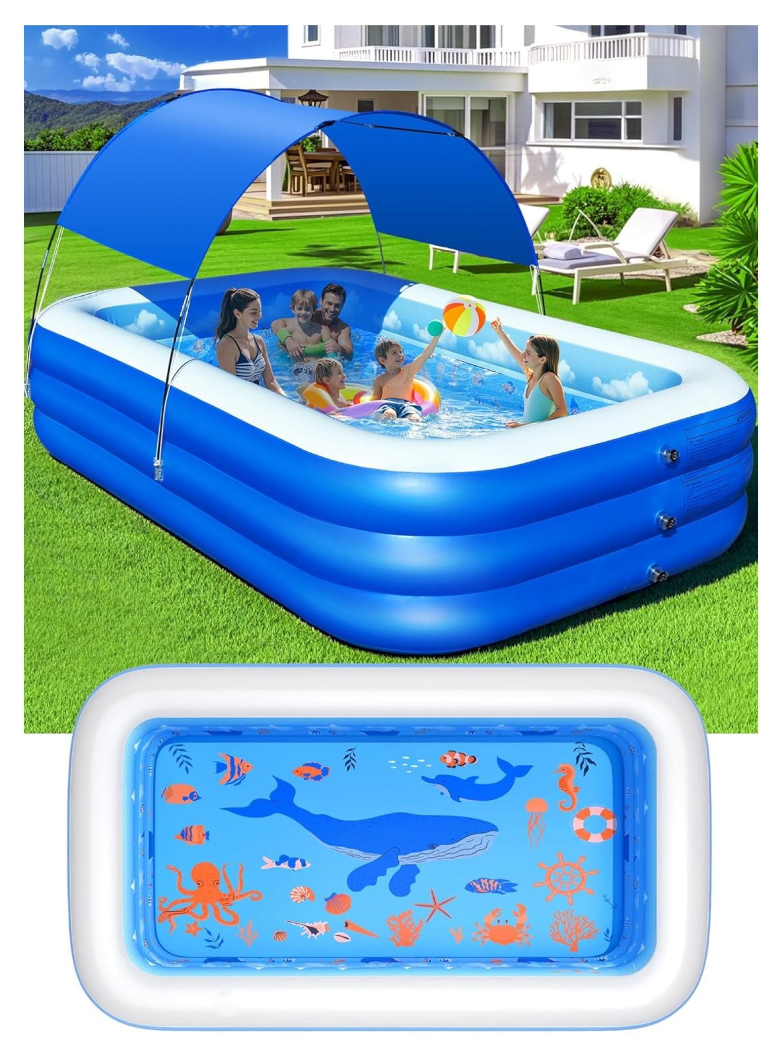 Inflatable Pool with Canopy,Upgraded Inflatable Swimming Pool for Kids ...
