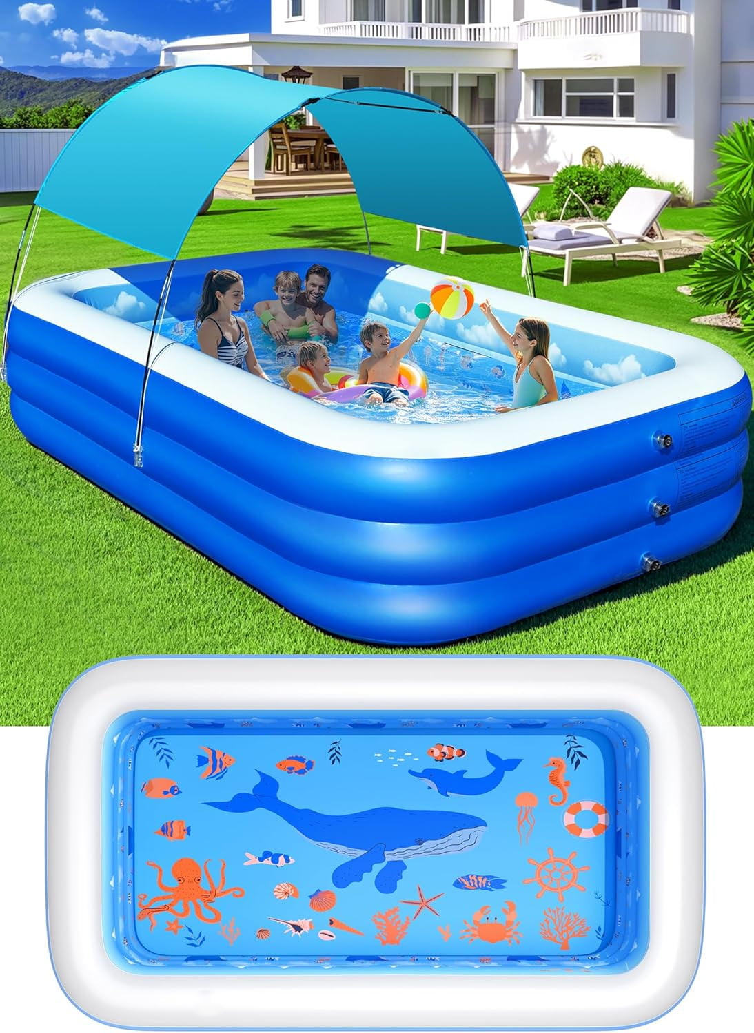 Inflatable Pool with Canopy,Upgraded Inflatable Swimming Pool for Kids ...